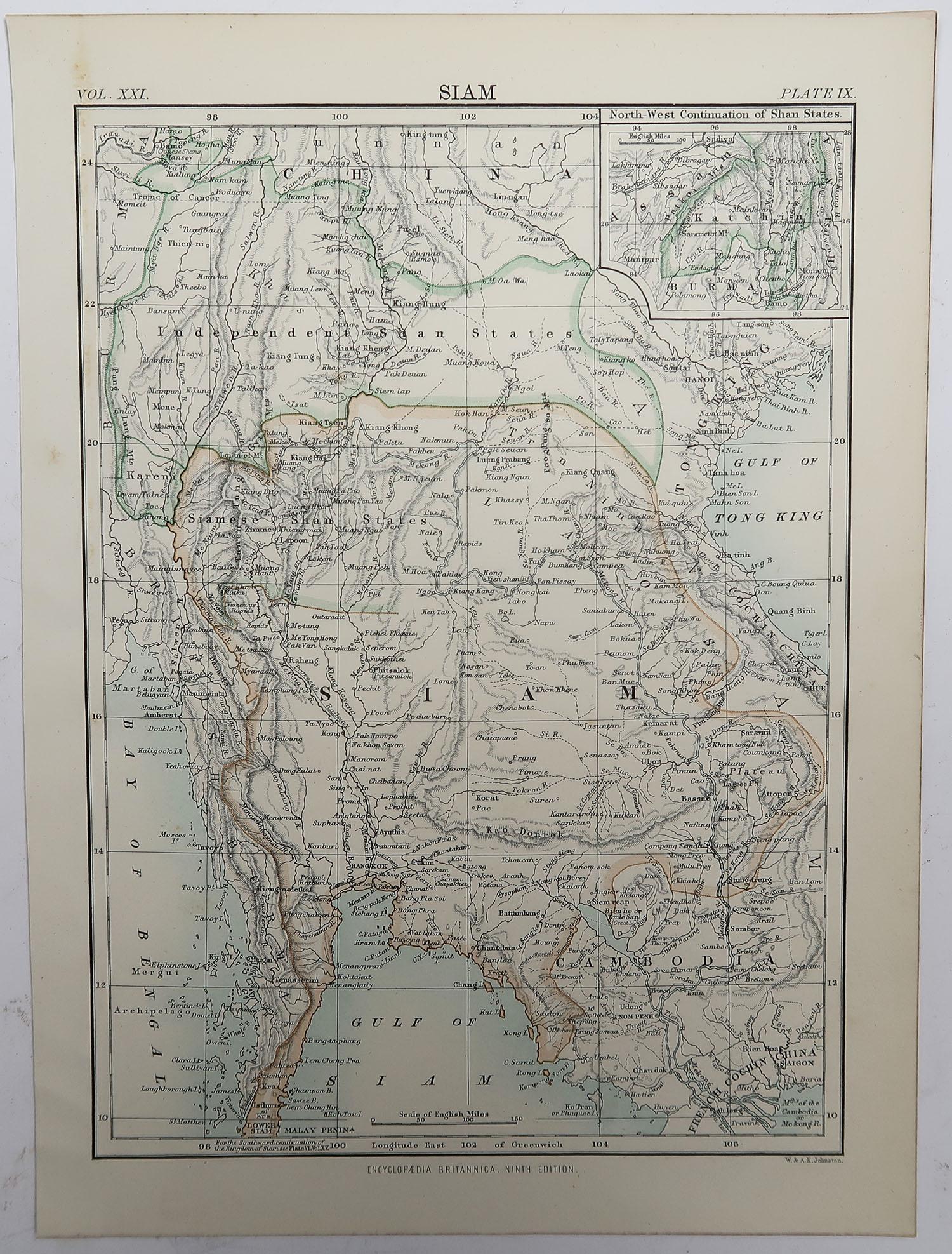 Original Antique Map of Thailand, 1889 at 1stDibs