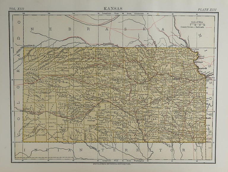 Original Antique Map of The American State of Kansas, 1889 For Sale at ...