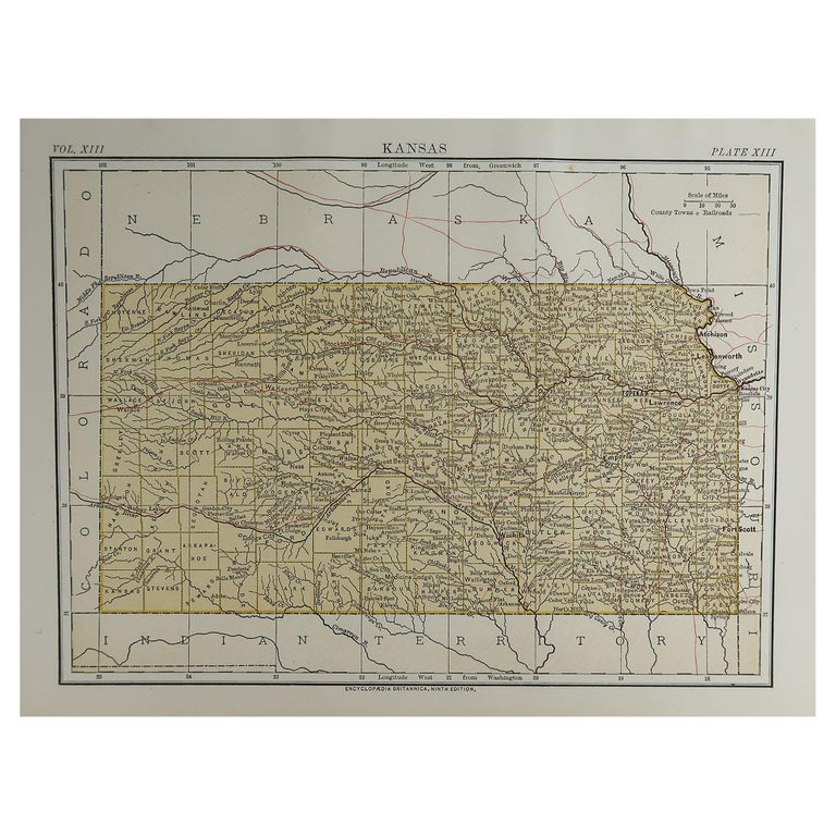 Original Antique Map of The American State of Kansas, 1889 For Sale at ...