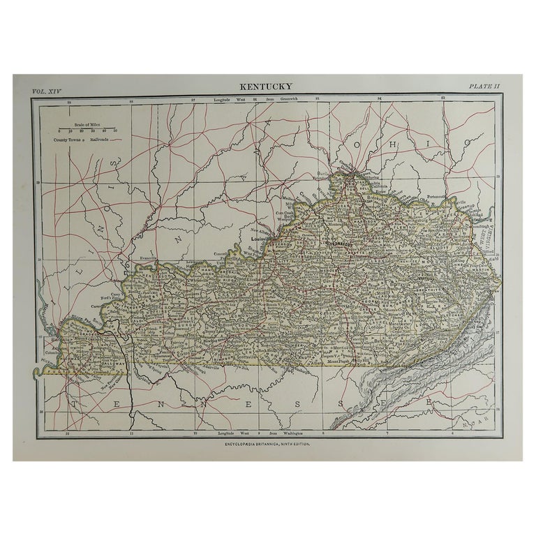 Original Antique Map of The American State of Kentucky, 1889 at 1stDibs
