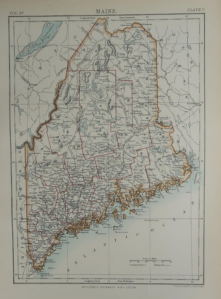 Original Antique Map of The American State of Maine, 1889 at 1stDibs