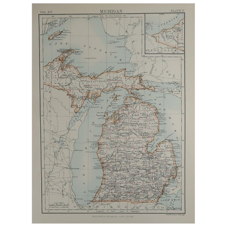 Original Antique Map of The American State of Michigan, 1889 at 1stDibs