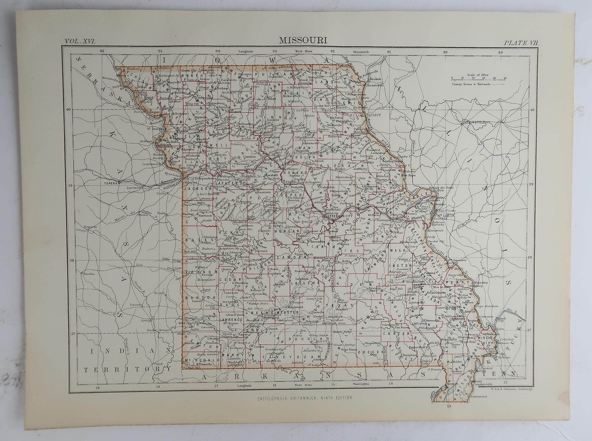 Original Antique Map of The American State of Missouri, 1889 For Sale ...