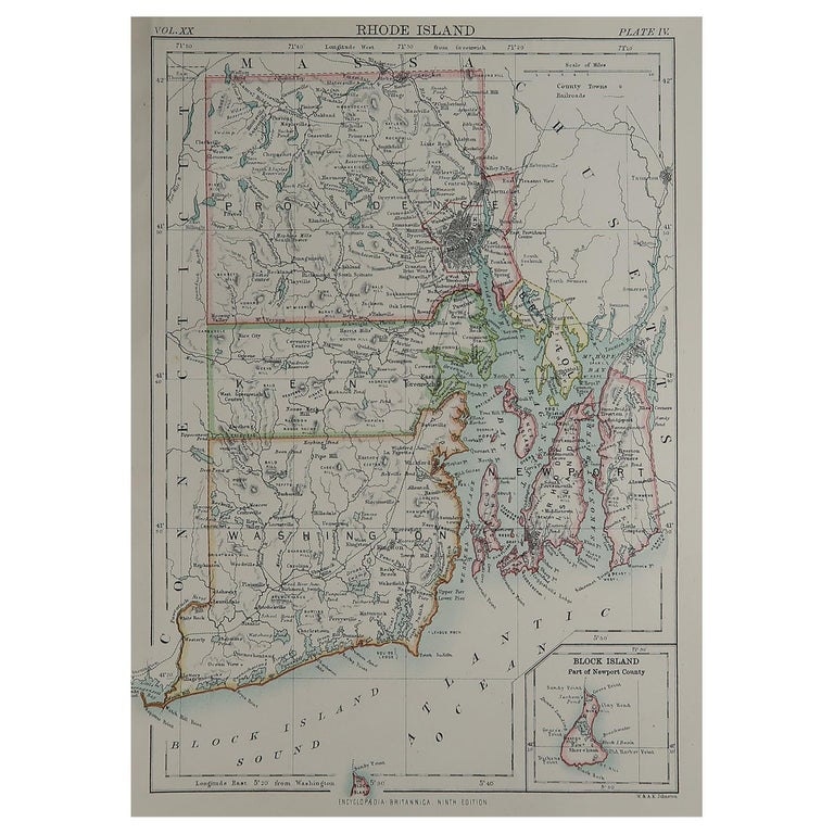 Original Antique Map of The American State of Rhode Island, 1889 at 1stDibs