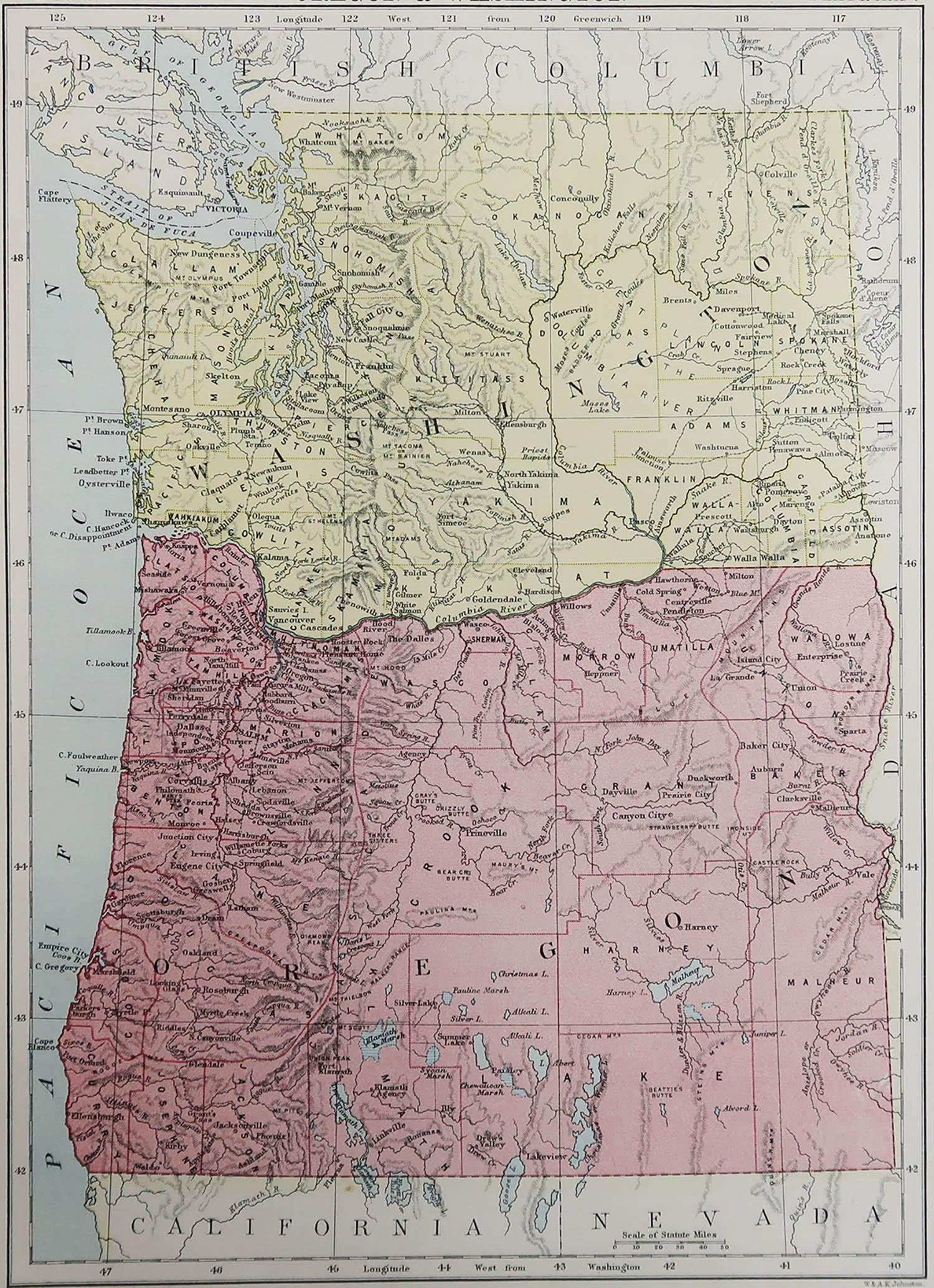 Original Antique Map of the American State of Washington, 1889 For Sale ...