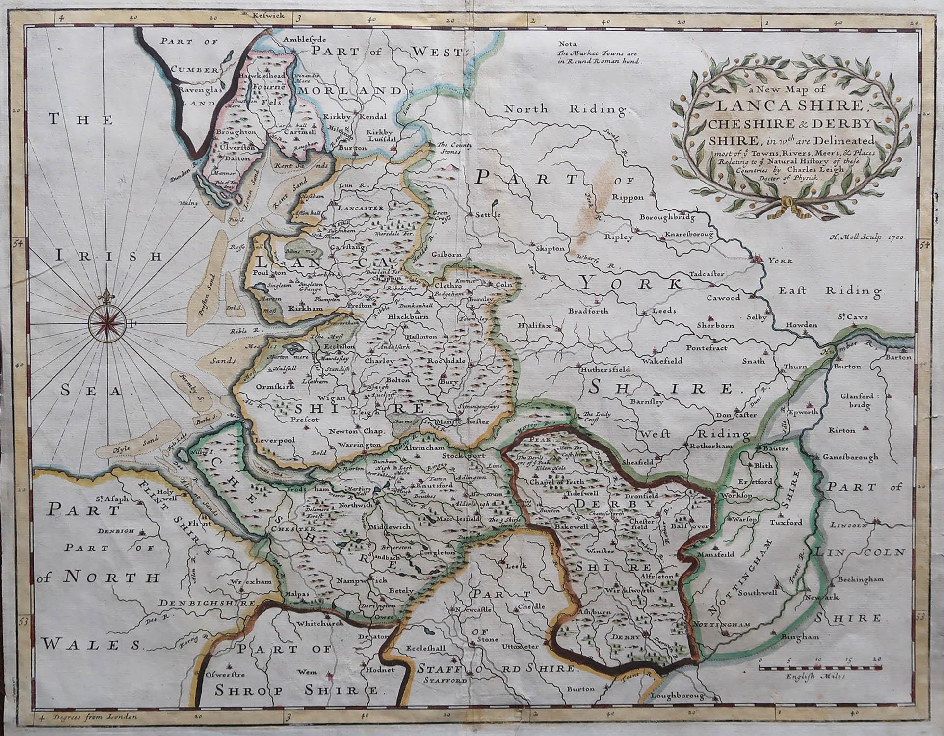 Original Antique Map of the North of England. H.Moll. Dated, 1700 For ...