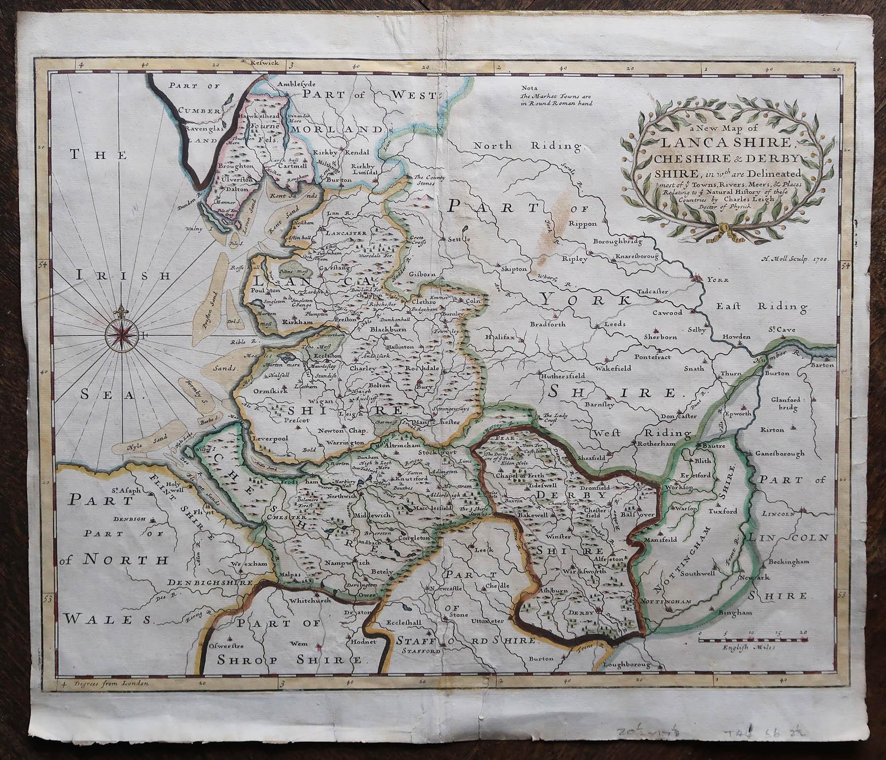 Original Antique Map of the North of England. H.Moll. Dated, 1700 For ...