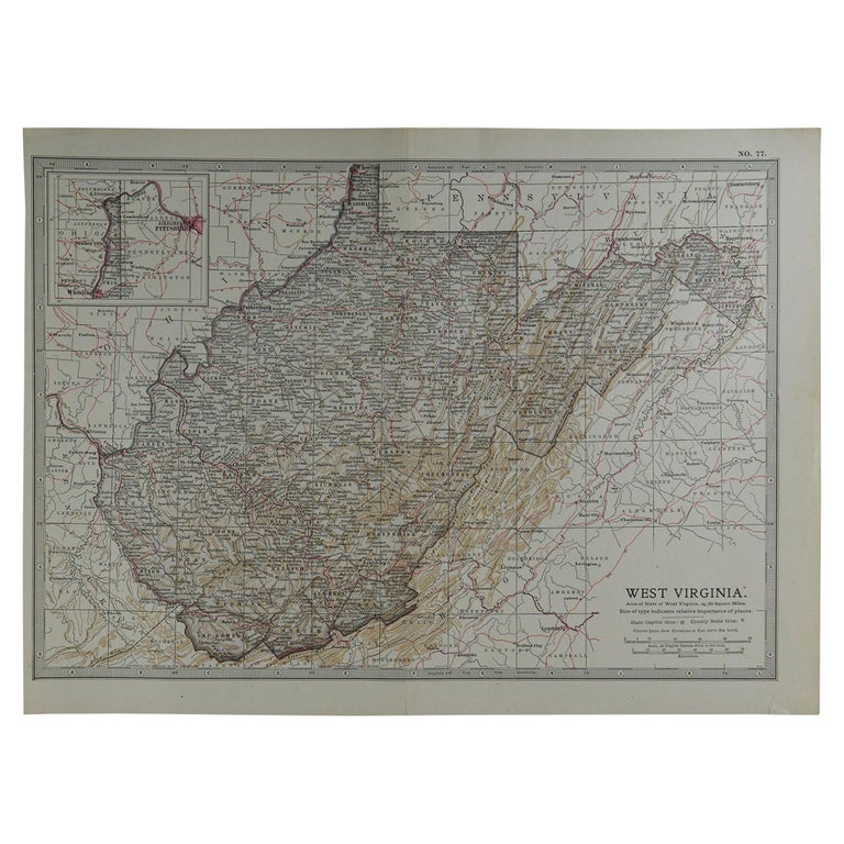 Original Antique Map of West Virginia, circa 1890 For Sale at 1stDibs