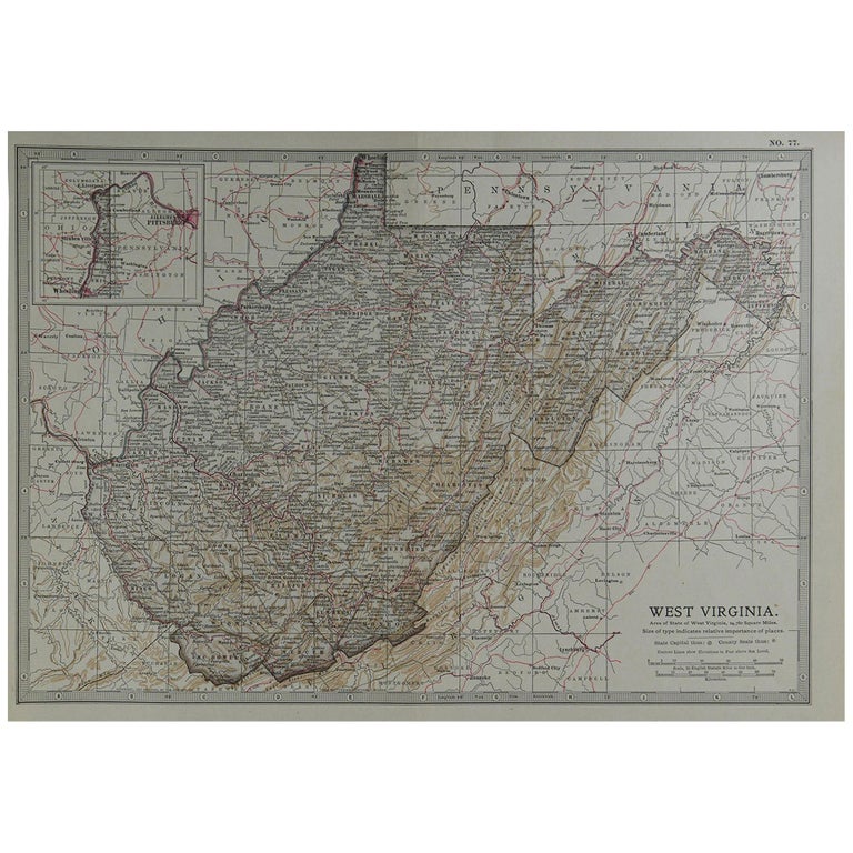 Original Antique Map of West Virginia, circa 1890 For Sale at 1stDibs