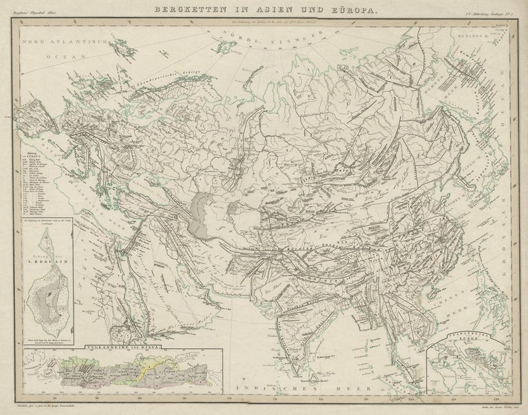 Original Antique Map Showing the Mountain Ranges in Asia and Europe ...