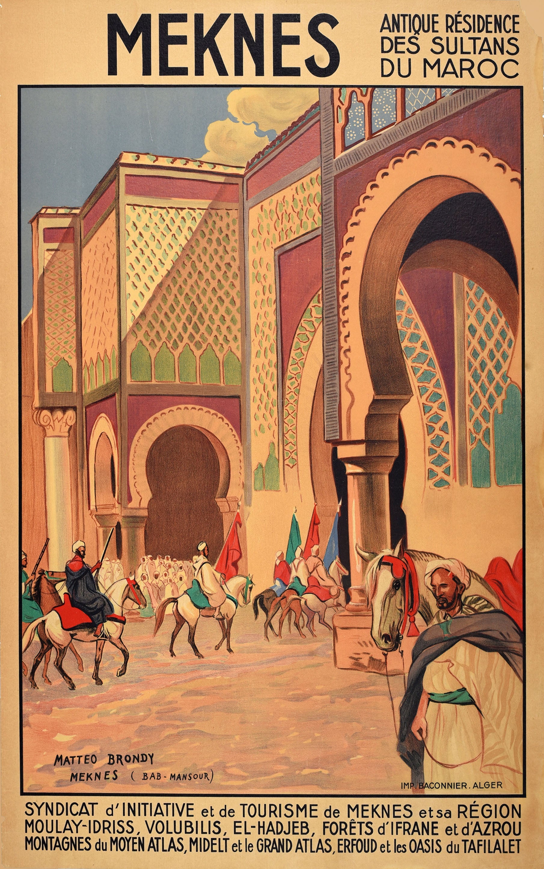 Original Antique North Africa Travel Poster Meknes Morocco Bab Mansour ...