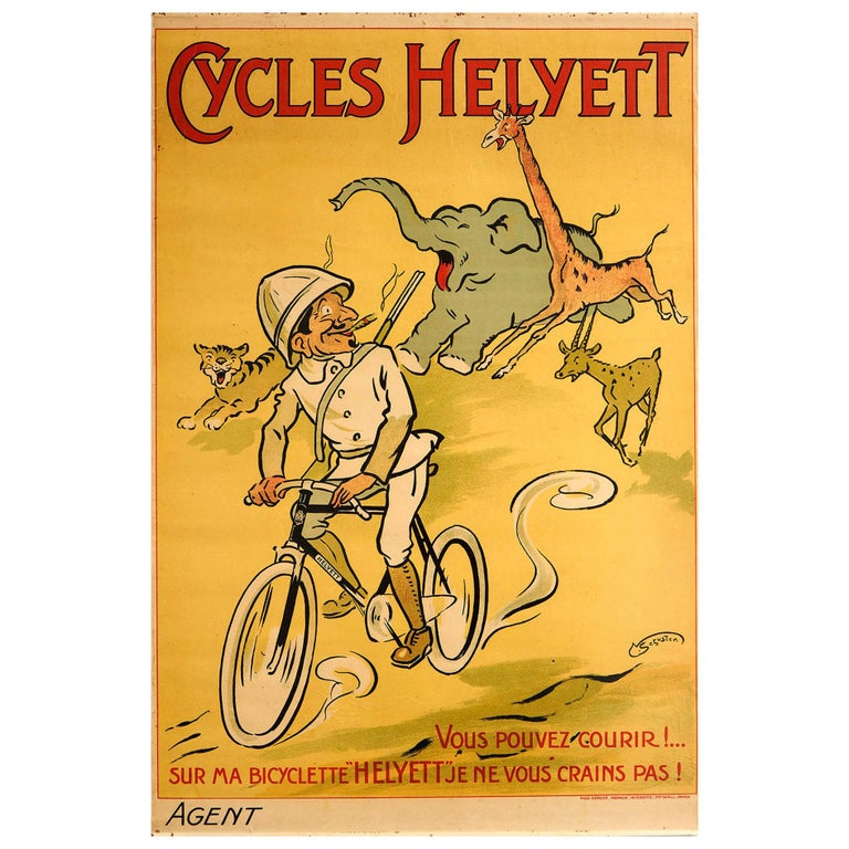 Original Antique Poster Cycles Helyett French Bicycle Safari Animals ...