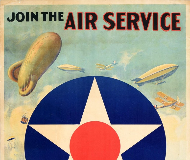 Original Antique Poster Join The Air Service Learn Earn WWI US Army Air ...