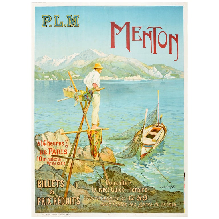 Original Antique Poster Menton Paris Lyon Mediterranee PLM Railway Travel France at 1stDibs