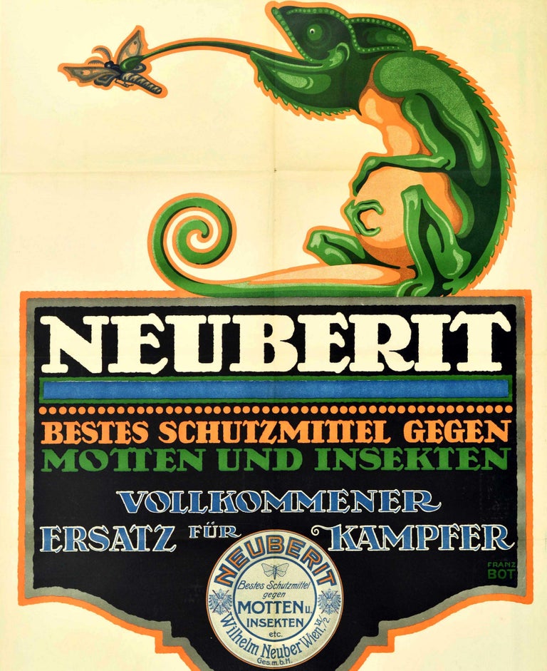 Original Antique Poster Neuberit Moth Insect Repellent Chameleon Design ...