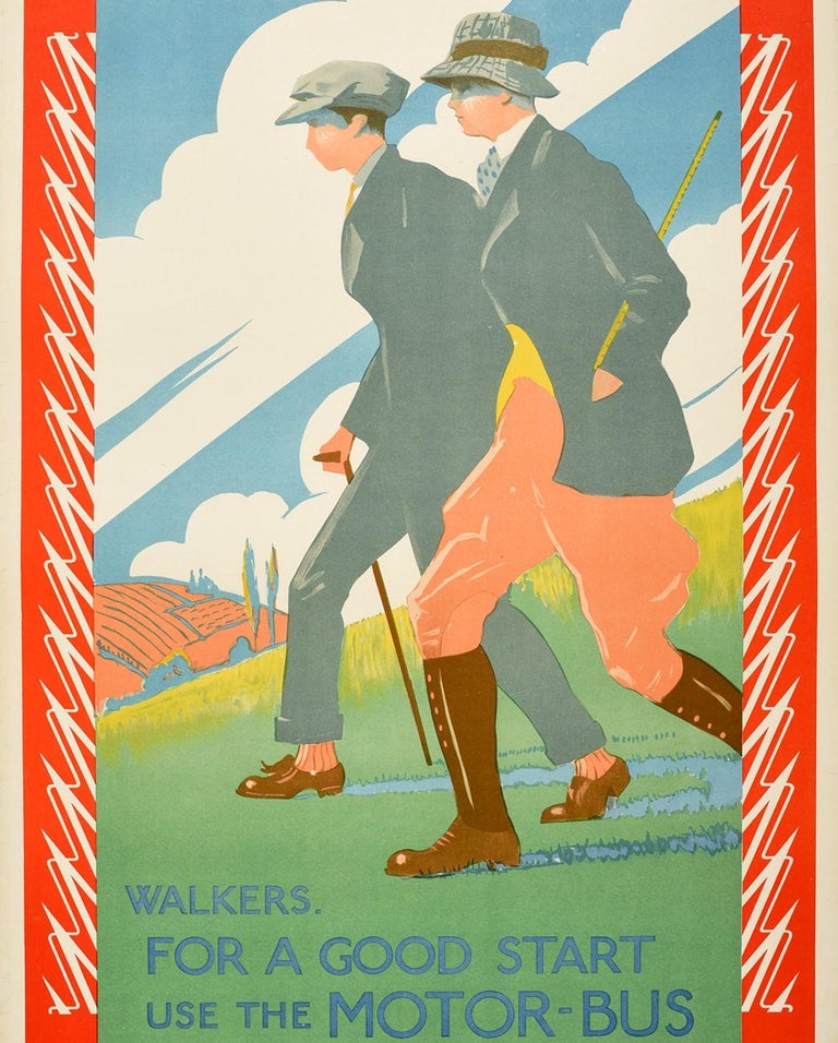 Original Antique Poster Walkers For A Good Start Use The Motor Bus ...