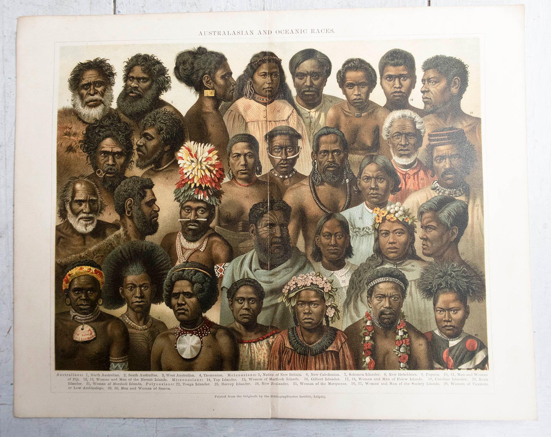 Original Antique Print of Aboriginal Australians, New Zealand Maori etc ...