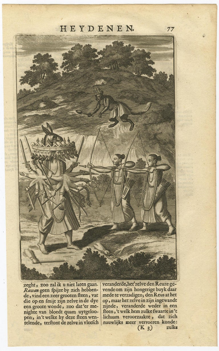 Original Antique Print of Rama and Hanuman fighting Ravana, 1672 For ...