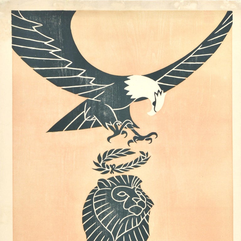 Original Antique War Poster America's Tribute To Britain WWI Eagle Lion ...