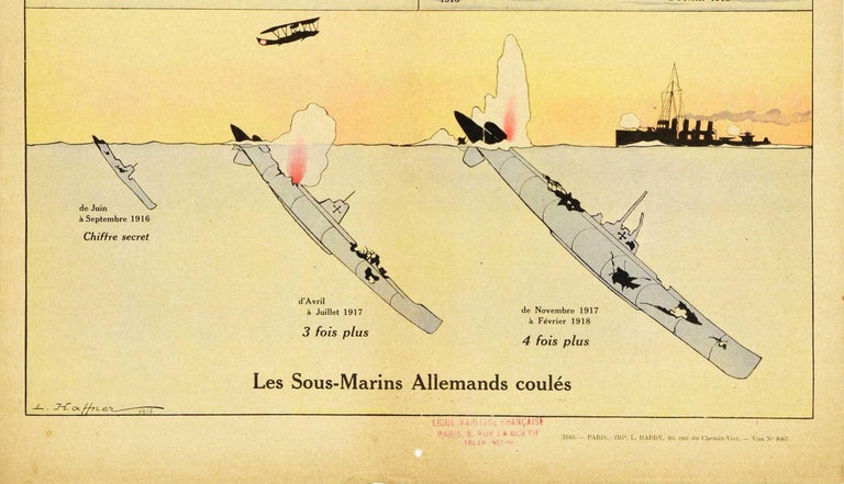 Original Antique WWI Poster Reality Of War At Sea Ship Submarine Guerre ...