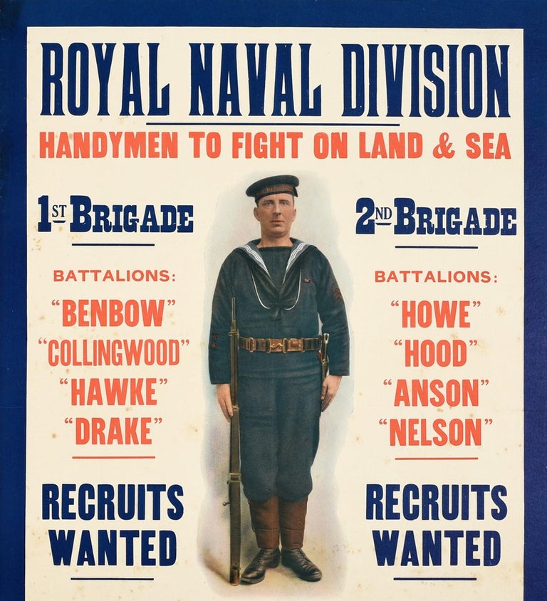 Original Antique WWI Royal Navy Recruitment Poster Fight On Land And ...