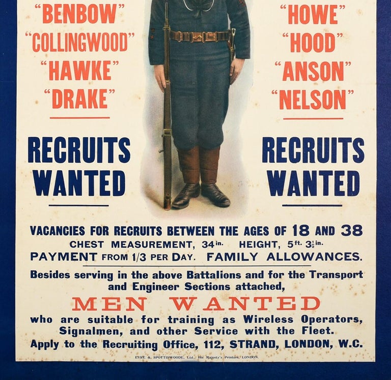 Original Antique WWI Royal Navy Recruitment Poster Fight On Land And ...