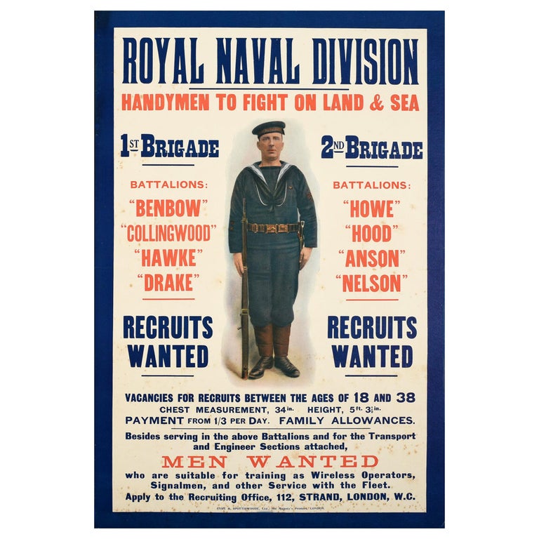Original Antique WWI Royal Navy Recruitment Poster Fight On Land And ...