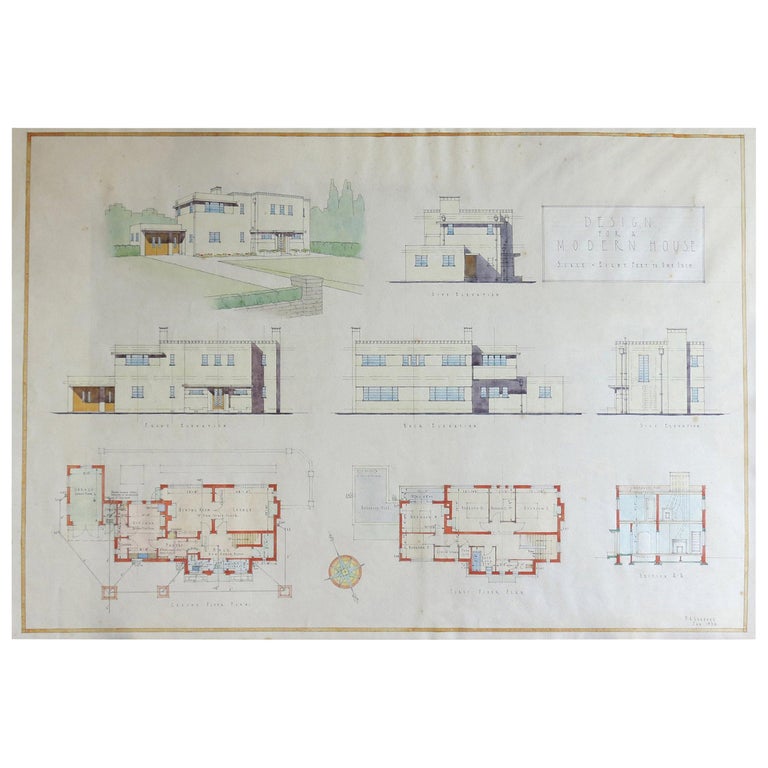 Original Architectural Drawing of Modernist House Plans, 1934 For Sale ...