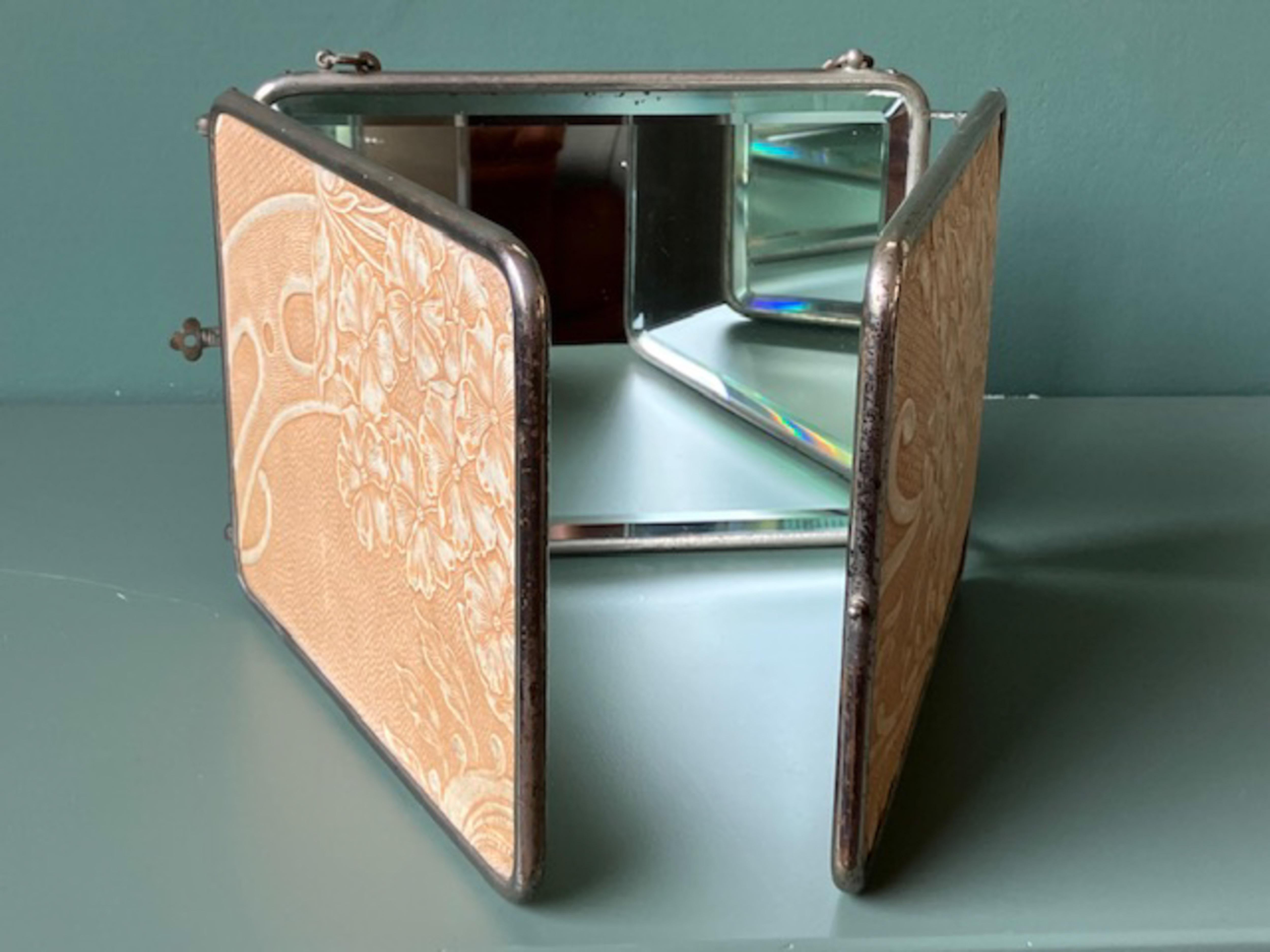 Original art deco antique three-part barber mirror with beveled glass ...