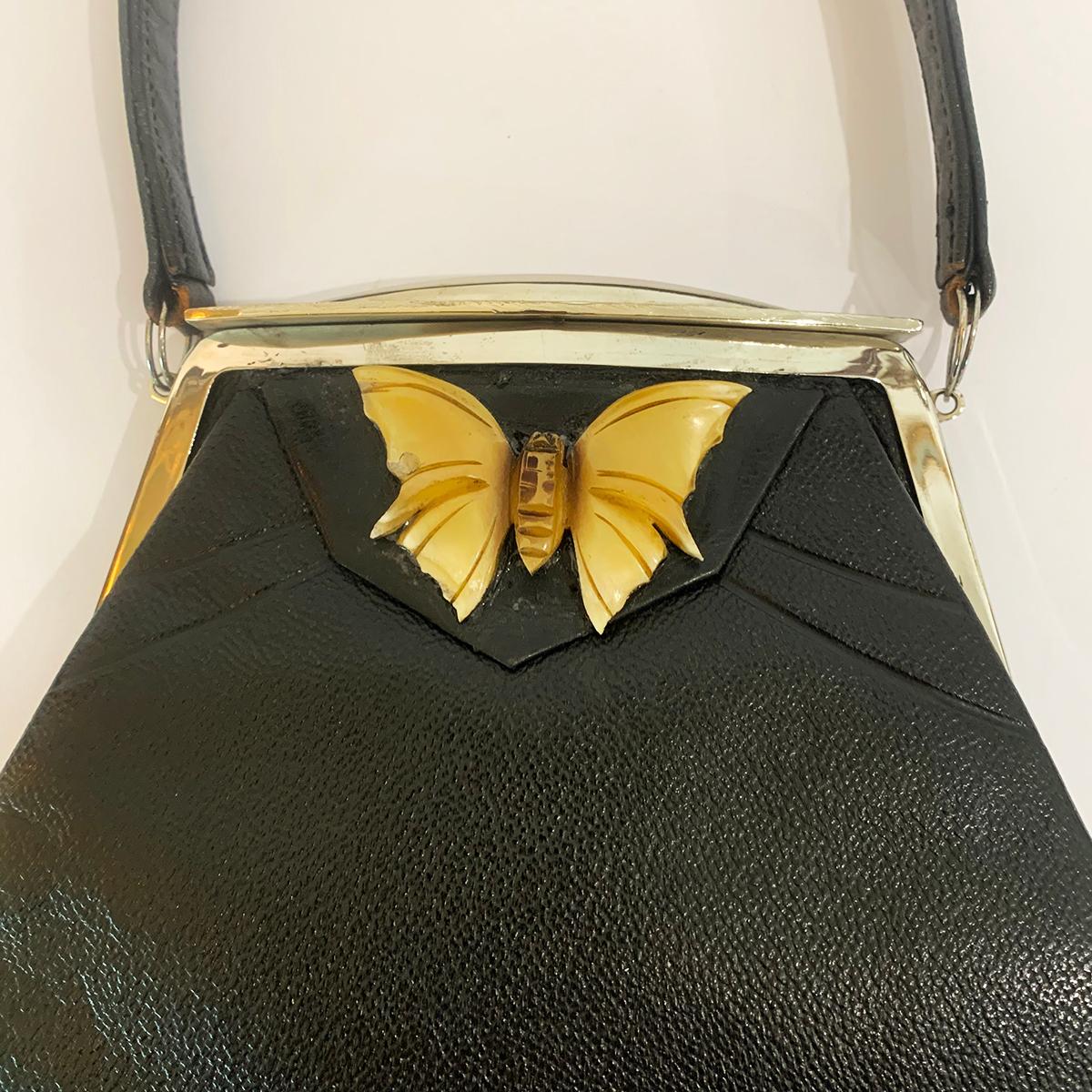 Original Art Deco Black Leather Handbag Bag with Celluloid Butterfly ...