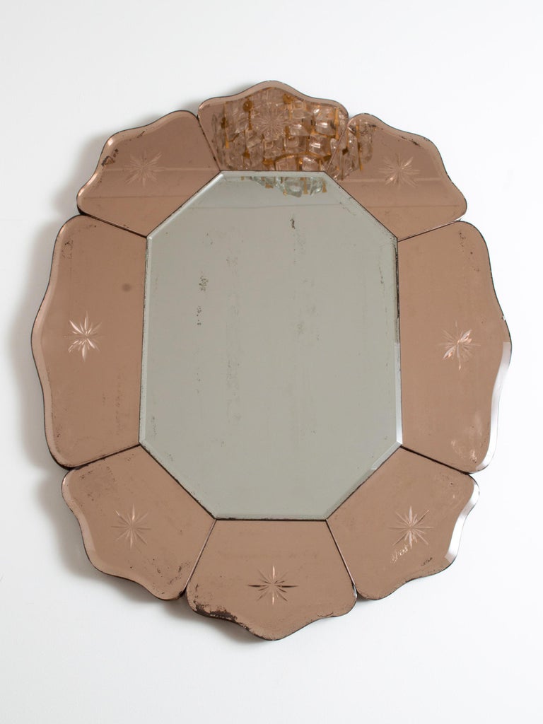 Original Art Deco Flower Shaped Mirror Rose Glass Tinted Plates, France ...