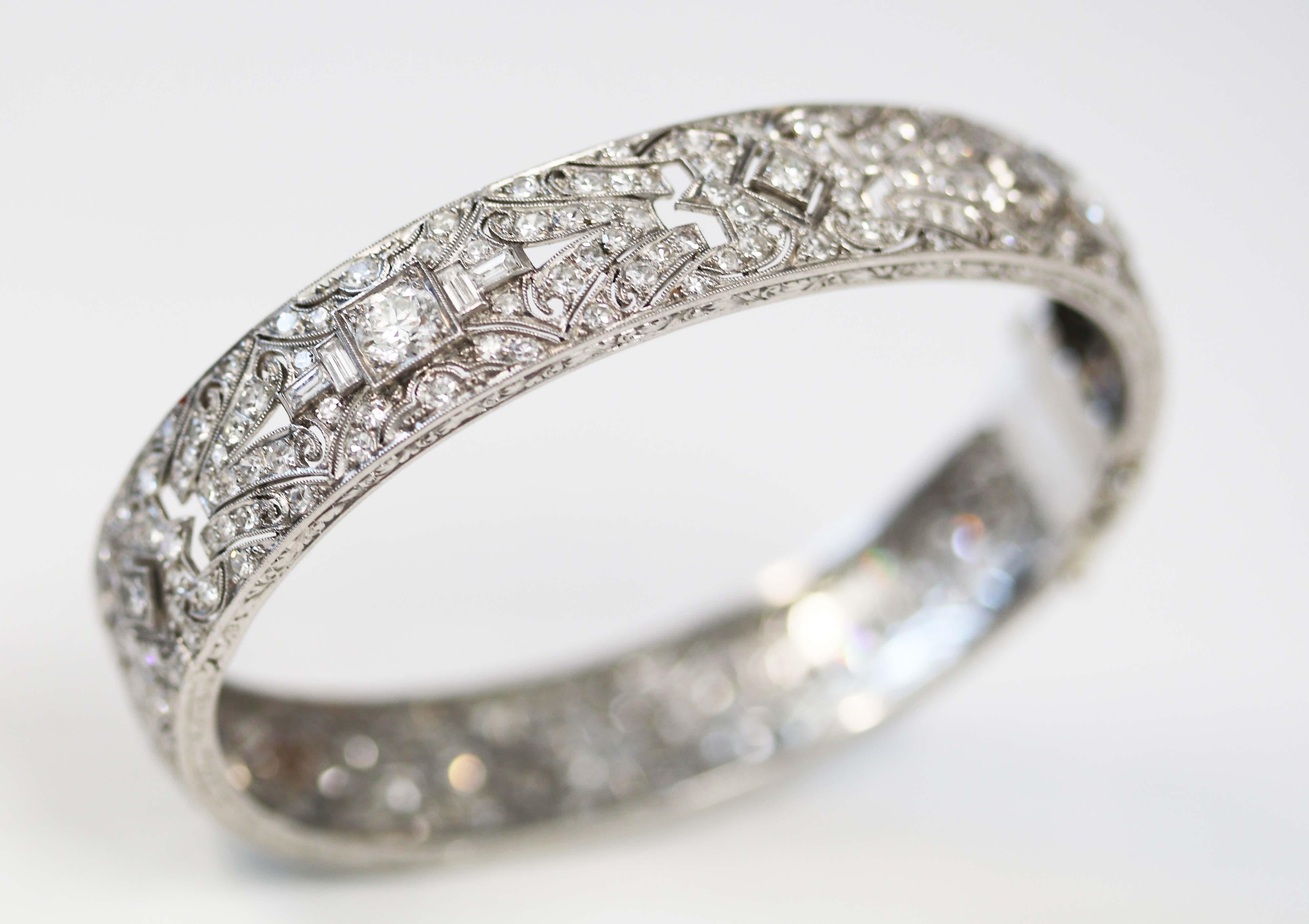 Art Deco Platinum Diamond Bangle Bracelet For Sale at 1stDibs