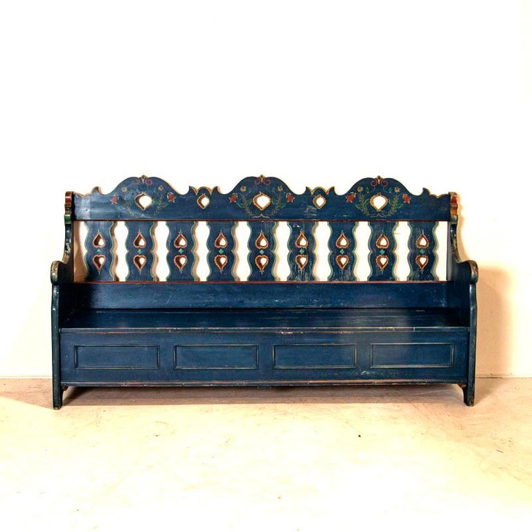 Original Blue Painted Antique Bench with Carved Hearts from Sweden at ...