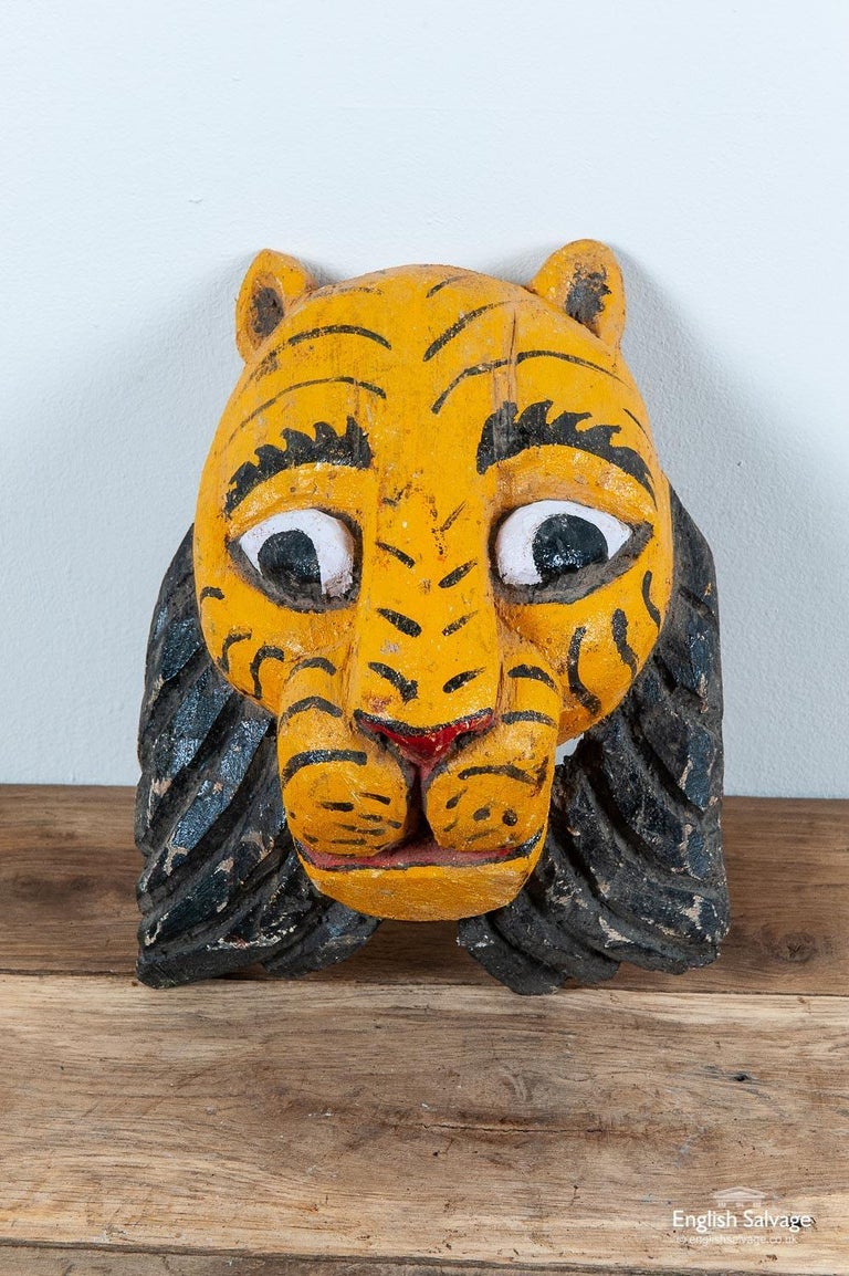 Original Carved Wooden Indian Tiger Mask, 20th Century For Sale at 1stDibs