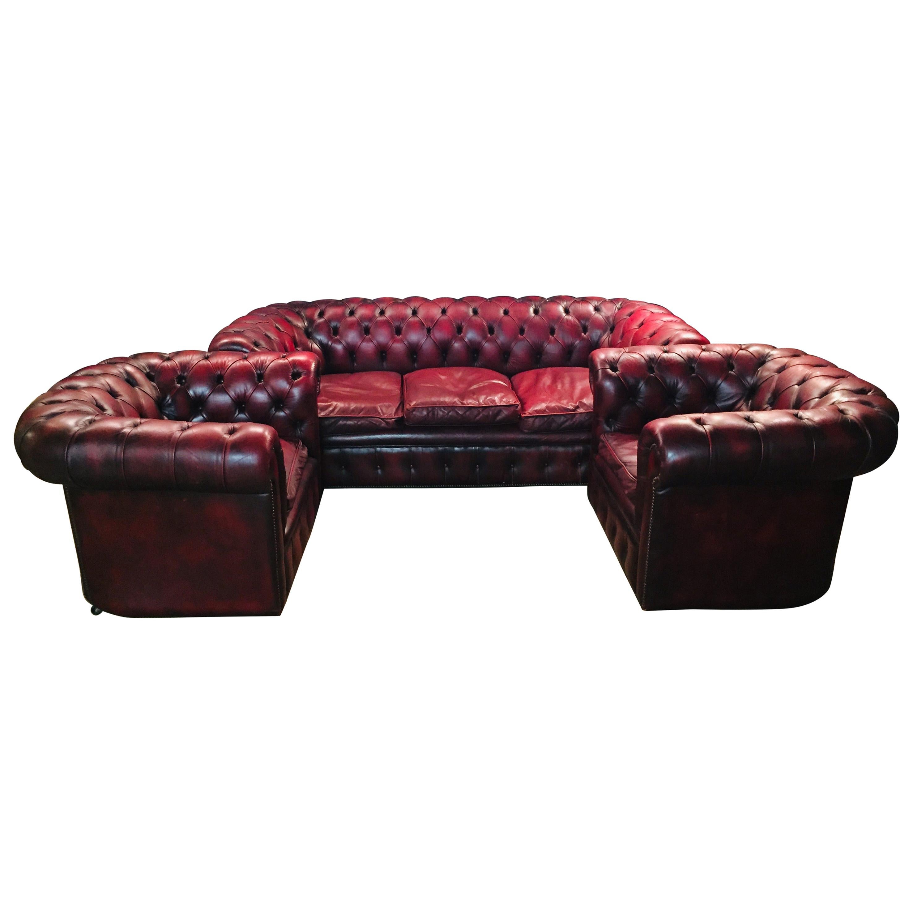 Original Chesterfield Set Big Sofa and 2 Armchairs in Bordeaux from ...