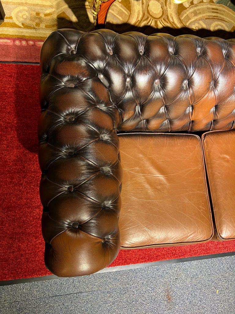 Original Chesterfield Vintage Brown Three Seat Sofa For Sale at 1stDibs