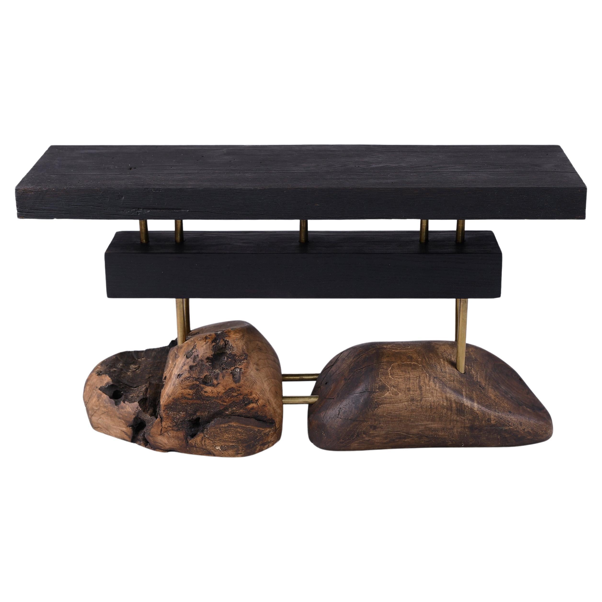 Original Contemporary Design, Burnt Oak with Brass, Unique Side Table, Logniture For Sale at 1stDibs