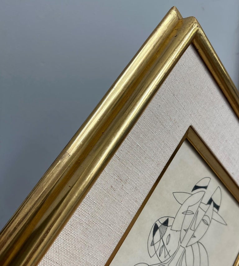 Original Cubist Ink Artwork by Phillipe Marchand, in Gold Frame, 20th ...
