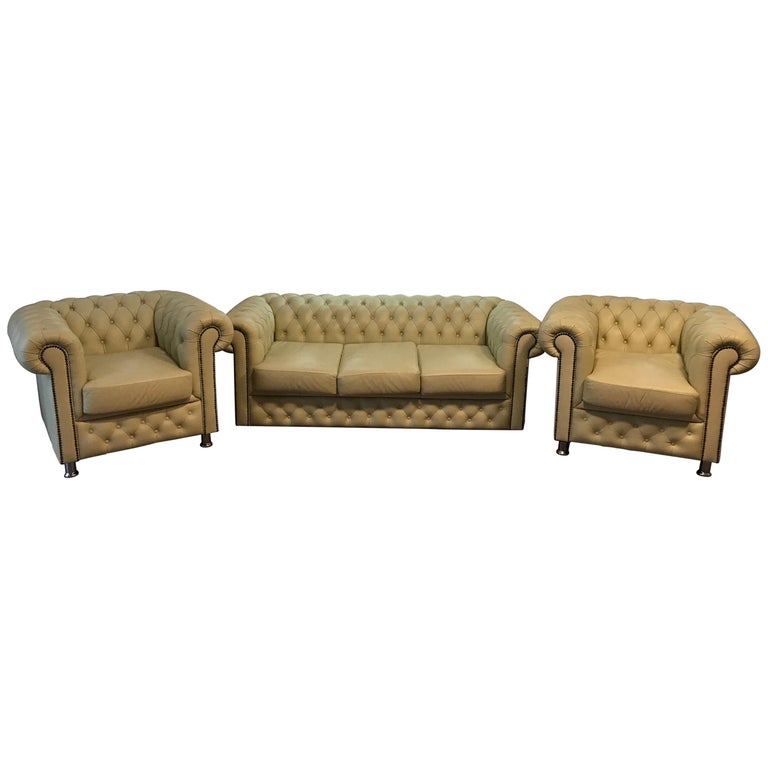 Original English Chesterfield Set of 3-Seat and 2 Armchairs in Cream ...
