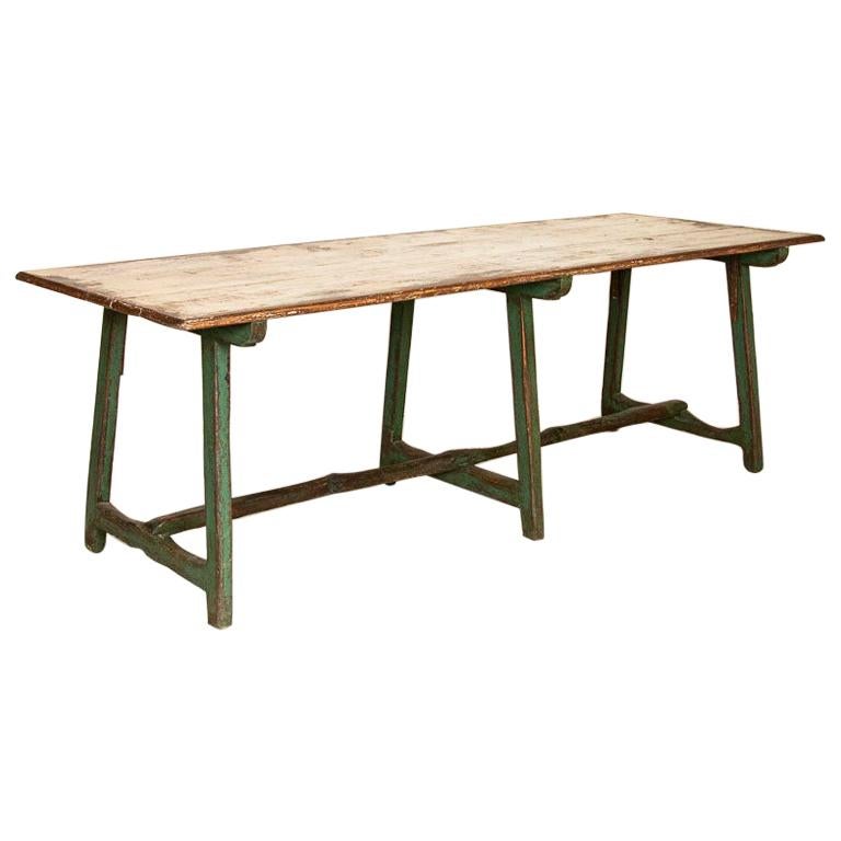 Original Green Painted Antique Long Work Table Farmhouse Dining Table ...