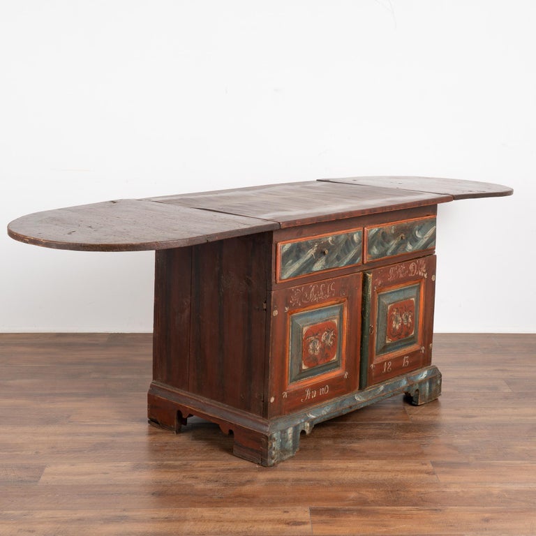 Original Hand Painted Drop Leaf Table Cabinet Sideboard, Sweden Dated ...