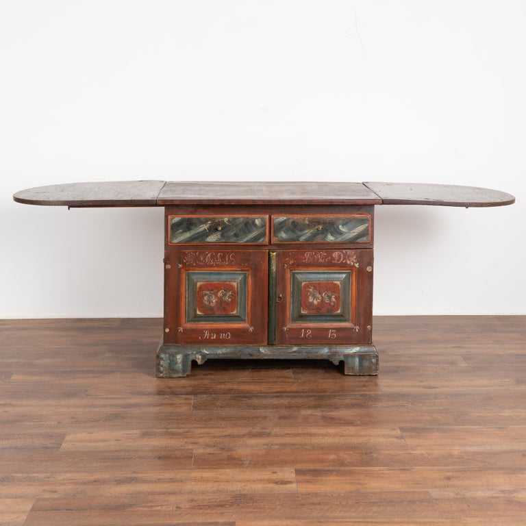 Original Hand Painted Drop Leaf Table Cabinet Sideboard, Sweden Dated ...