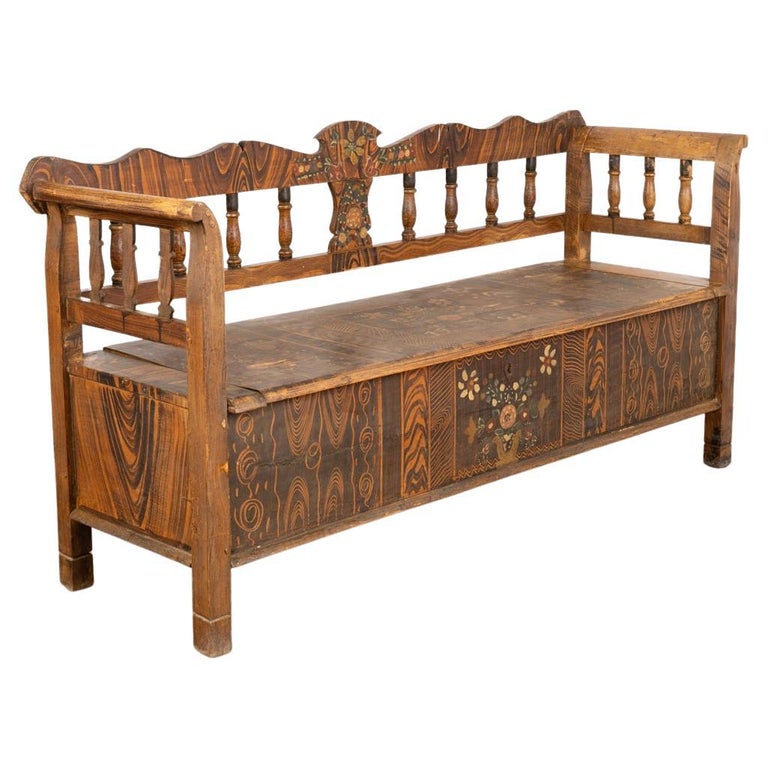 Original Hand Painted Vintage Folk Art Bench with Storage, Hungary ...