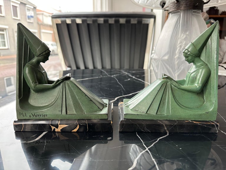 Original Max Le Verrier 1920s French Art Deco Bookends Reading Ladies ...