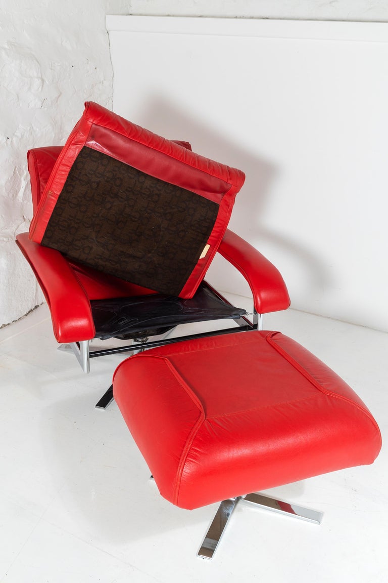 Original Mid Century Red Leather and Chrome Swivel and Armchair Set by ...