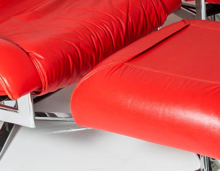 Original Mid Century Red Leather and Chrome Swivel and Armchair Set by ...