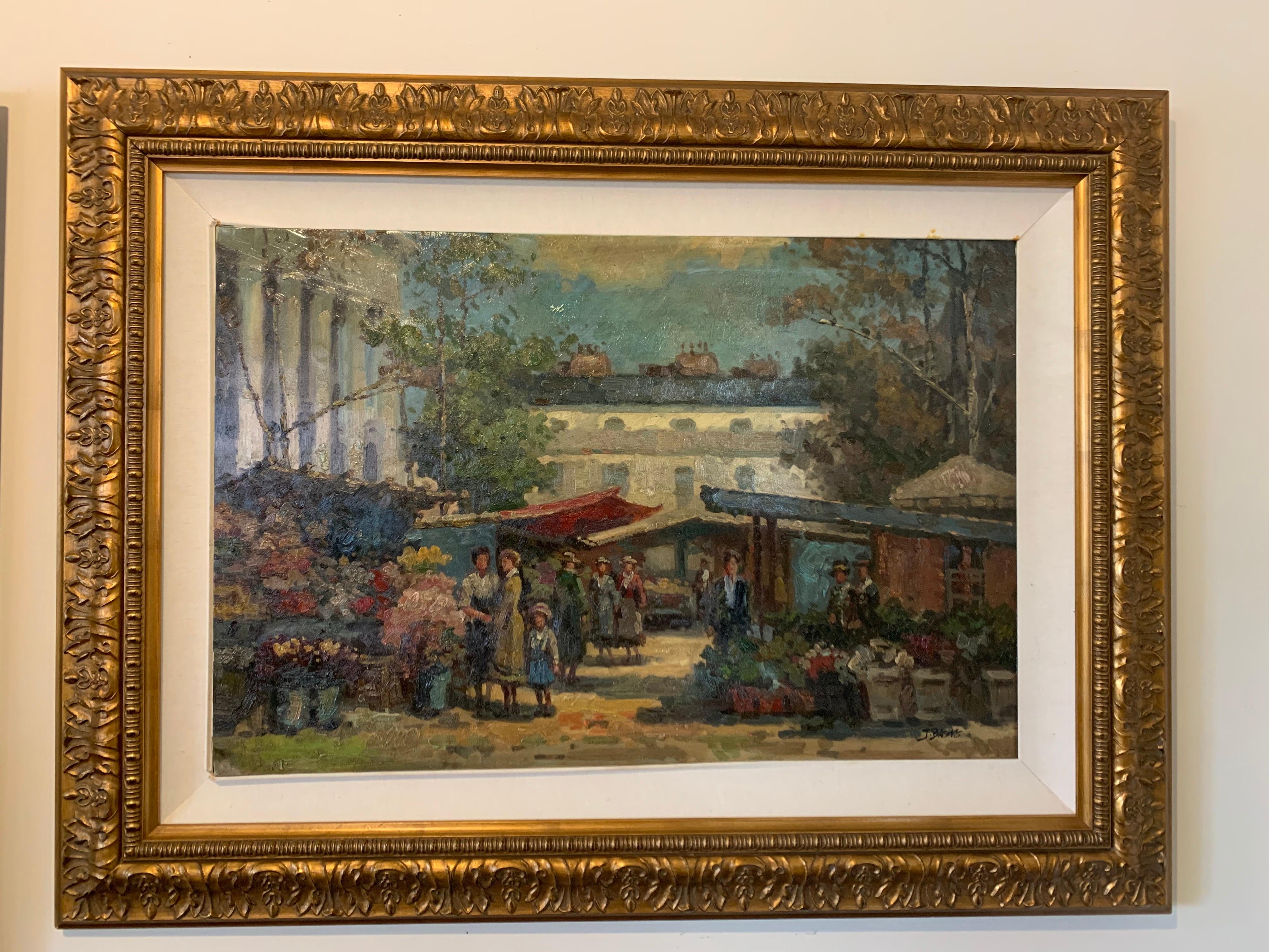 Original Signed J. Bache Oil Painting of Parisian Street Scene Flower ...