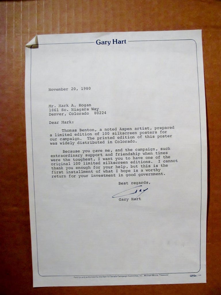 Original Thomas W Benton Serigraph Gary Hart Campaign Poster Signed and ...