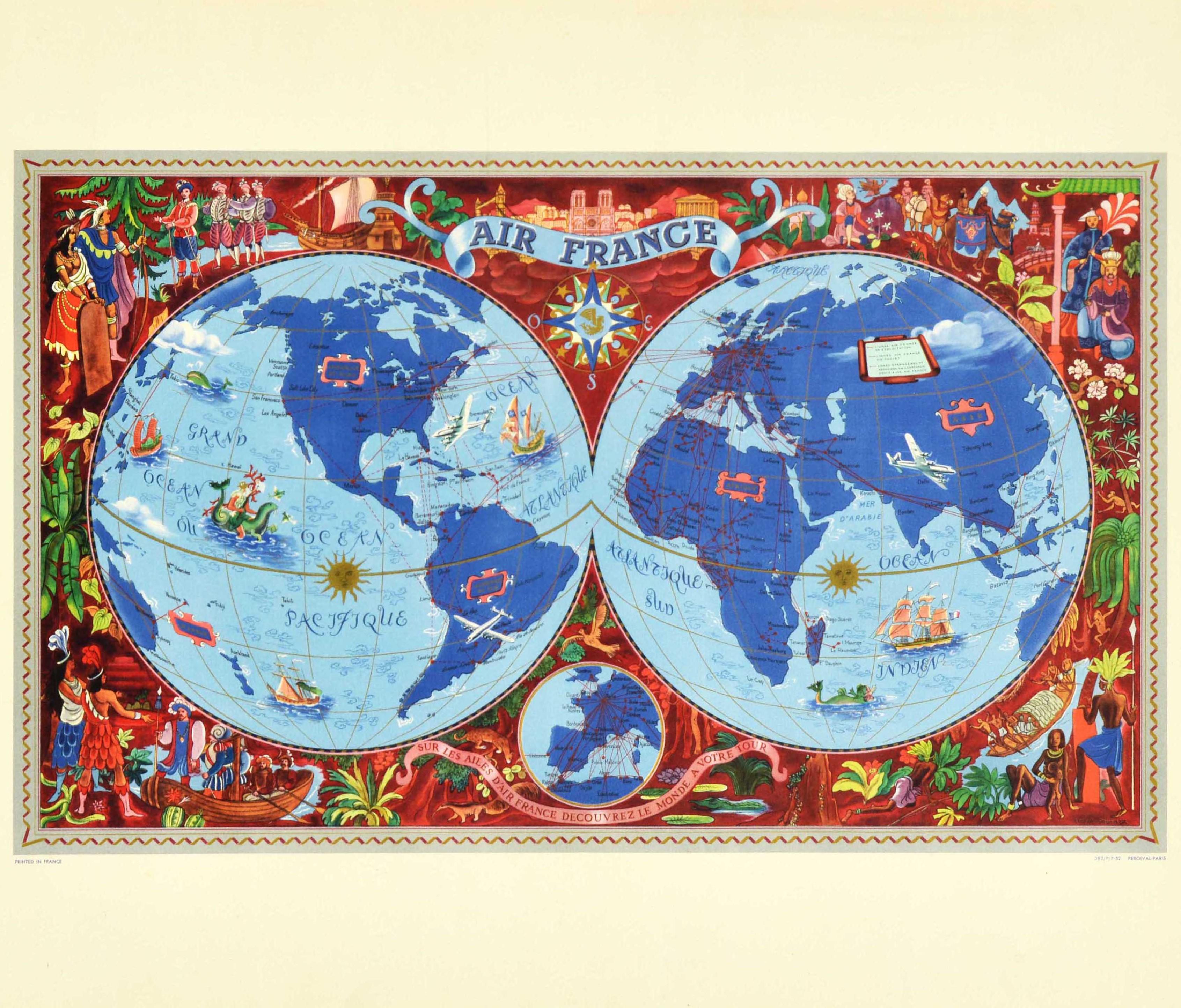 Original Vintage Air France Poster Illustrated Map World Travel Art ...