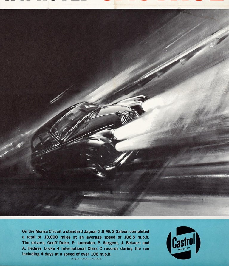 Original Vintage Castrol Motor Racing Poster Monza Circuit Jaguar 3.8 ...